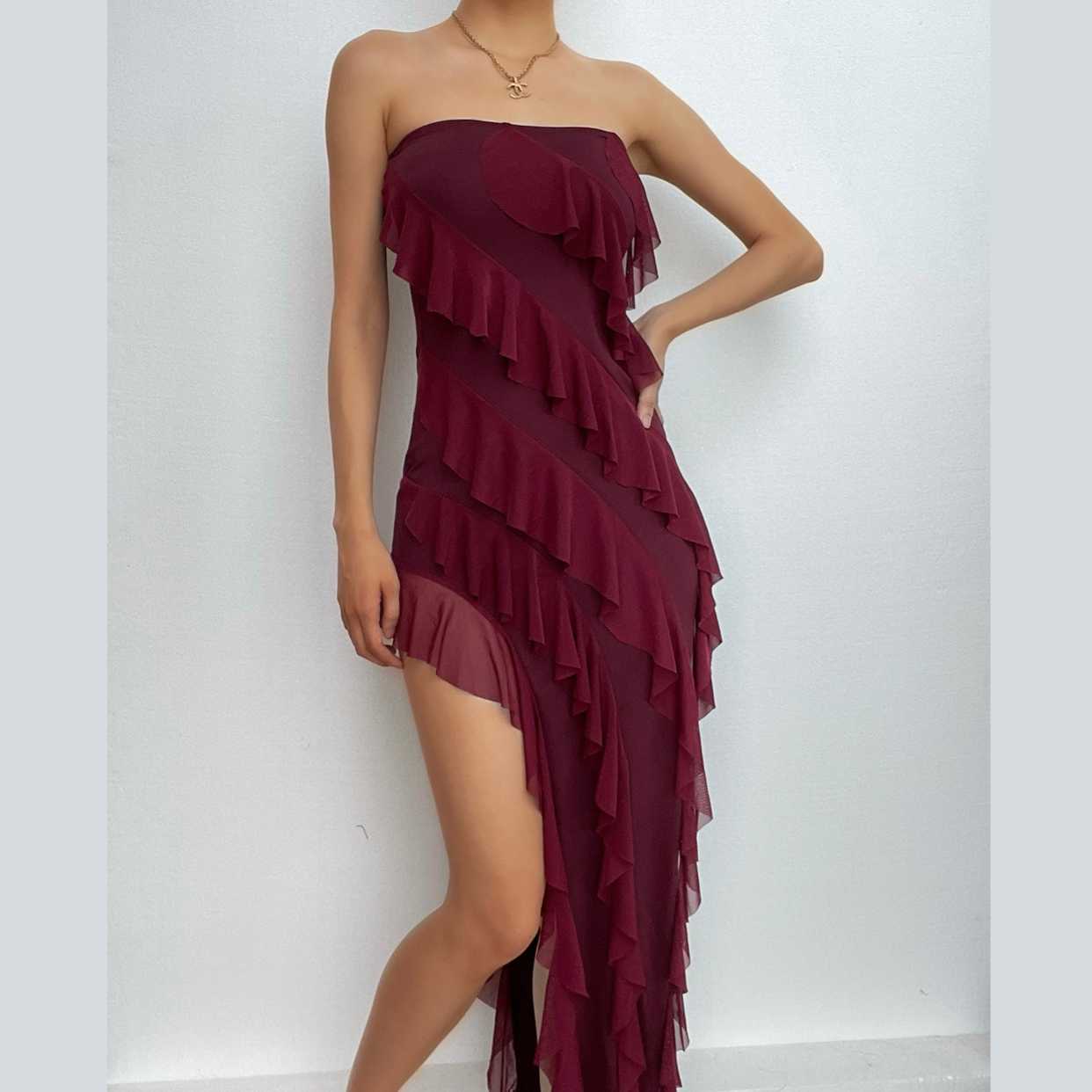 Irregular backless solid ruffle slit tube midi dress – Halibuy