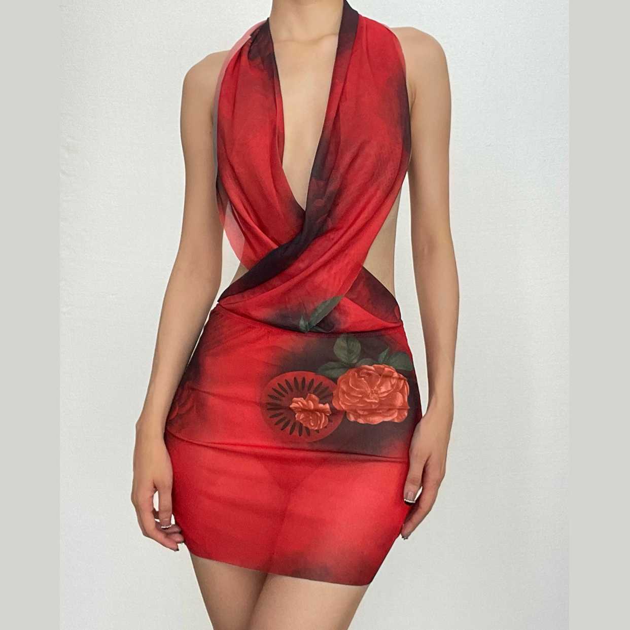 Sheer mesh see through cross front low cut halter backless mini dress – Halibuy