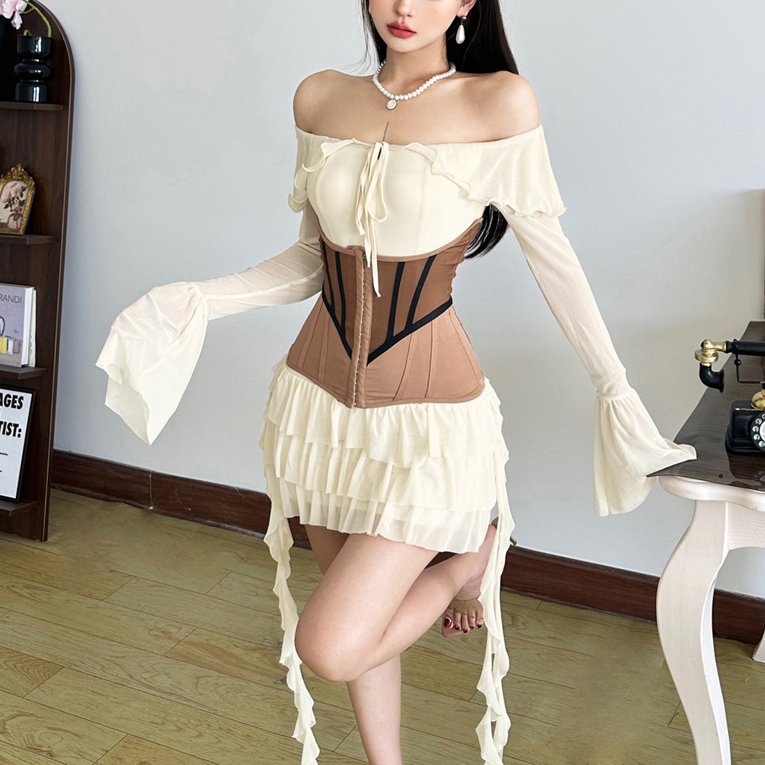 Off shoulder long flared ruffle corset mini dress – Halibuy