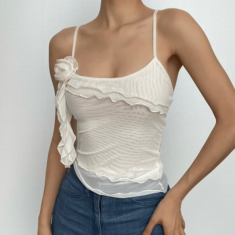 Sheer mesh flower applique ruffle u neck irregular crop top – Halibuy