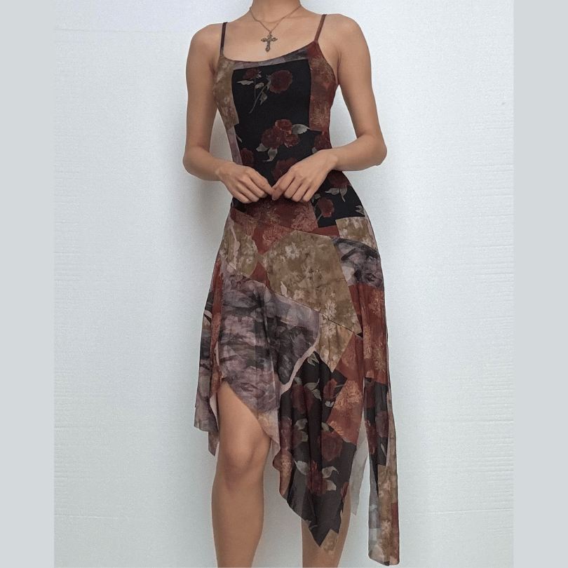 U neck ruffle irregular patchwork print cami midi dress – Halibuy
