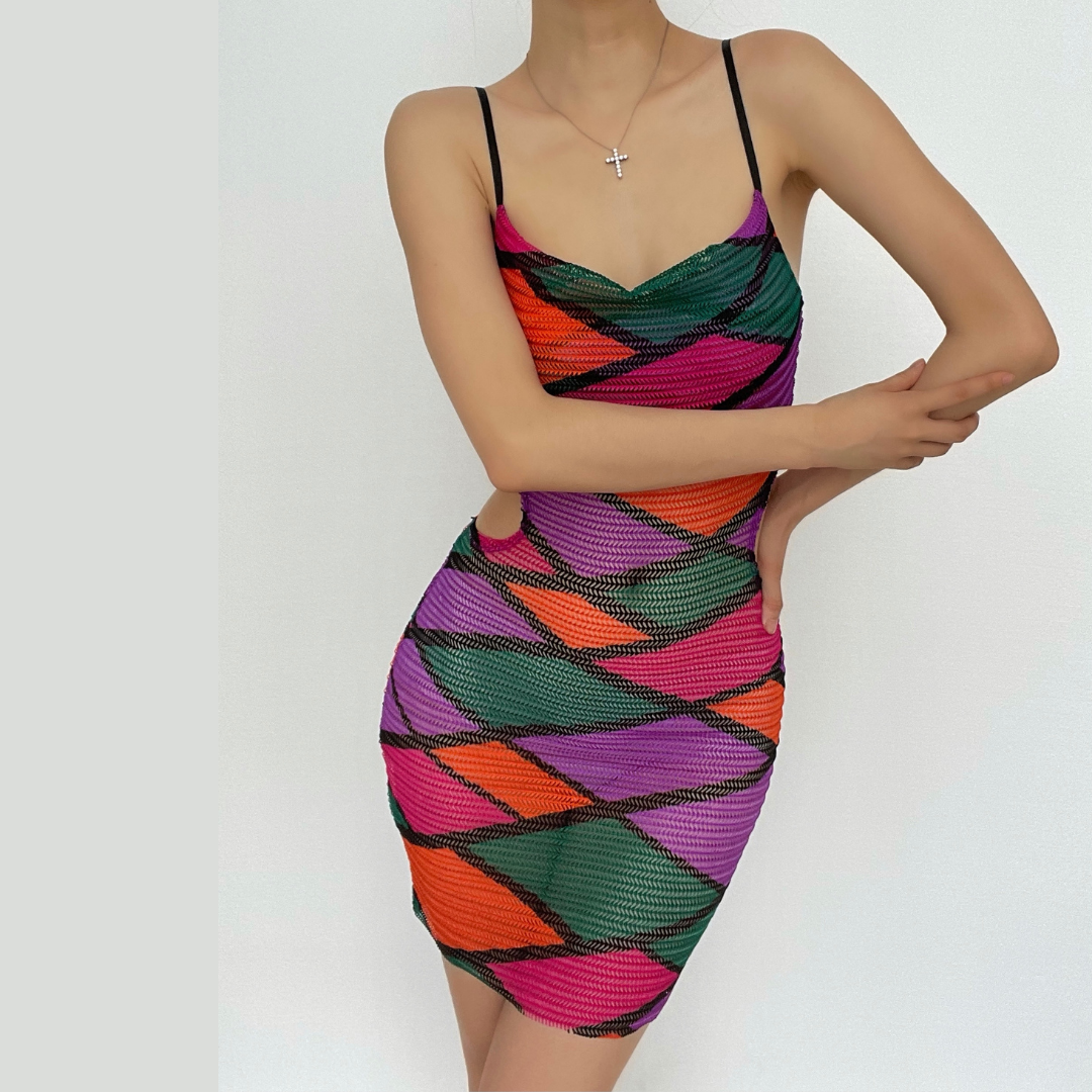 Hollow out sheer mesh see through print contrast cami dress – Halibuy