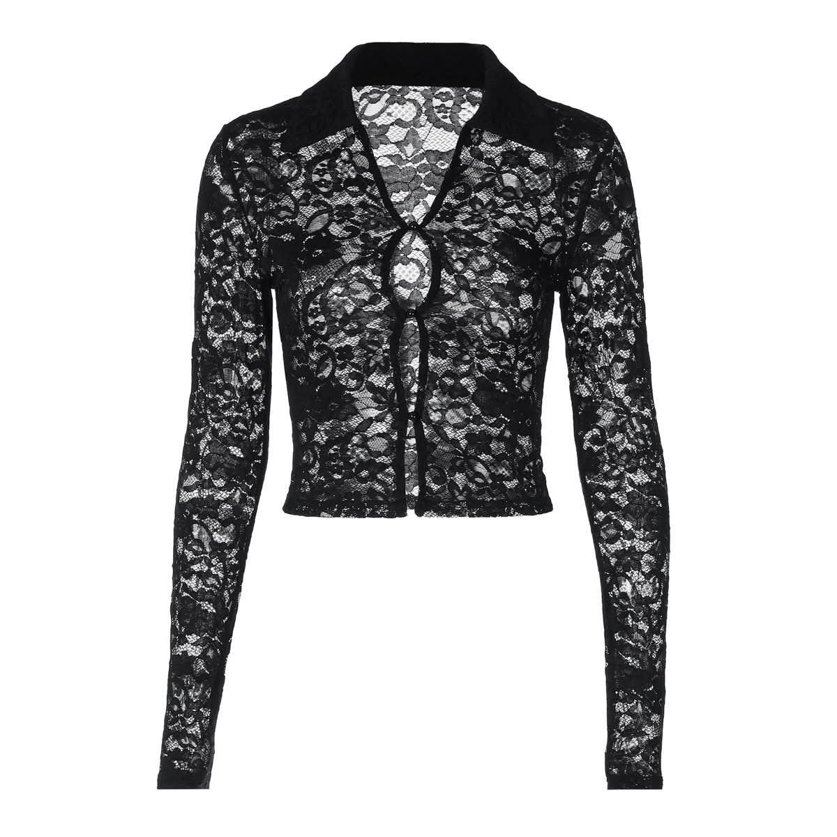 Long sleeve turnover collar lace button top – Halibuy
