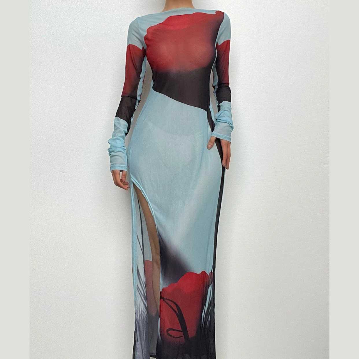 Sheer mesh see through abstract contrast long sleeve slit maxi dress ...