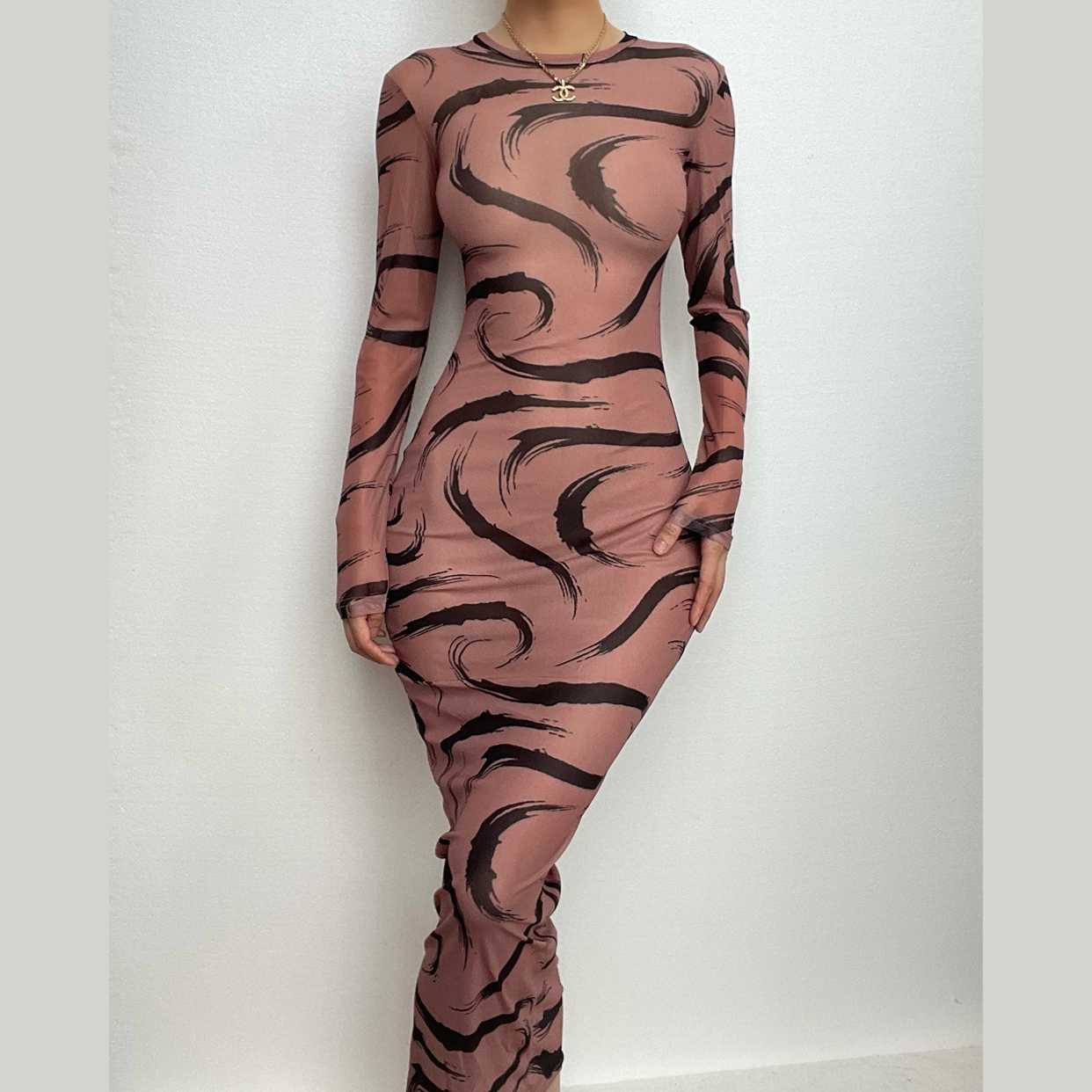 Sheer mesh see through long sleeve contrast print maxi dress – Halibuy