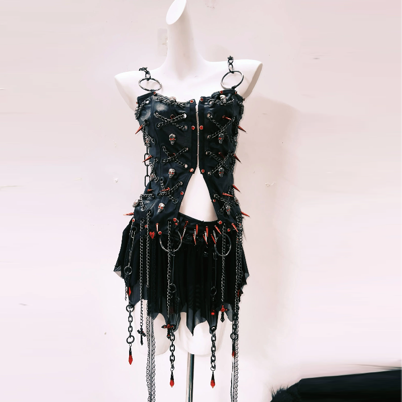 O ring rivet metal chain skull applique cami top – Halibuy