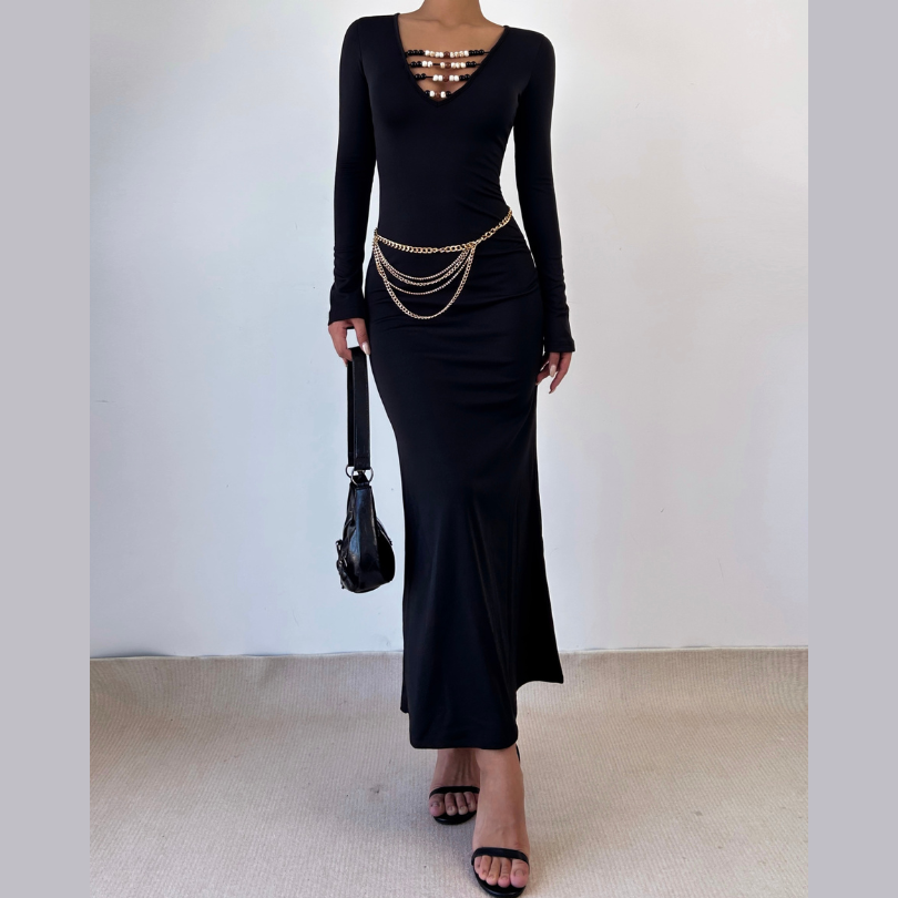 Long sleeve beaded v neck solid maxi dress | Festival Outfits Women ...