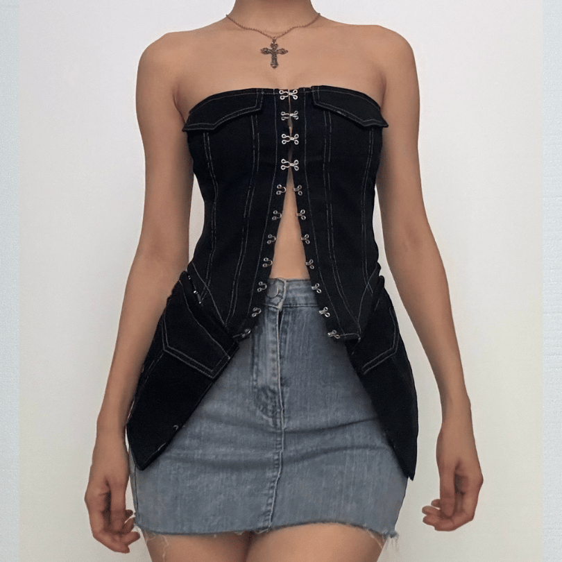 Stitch pocket button contrast backless denim tube top-final-sale – Halibuy