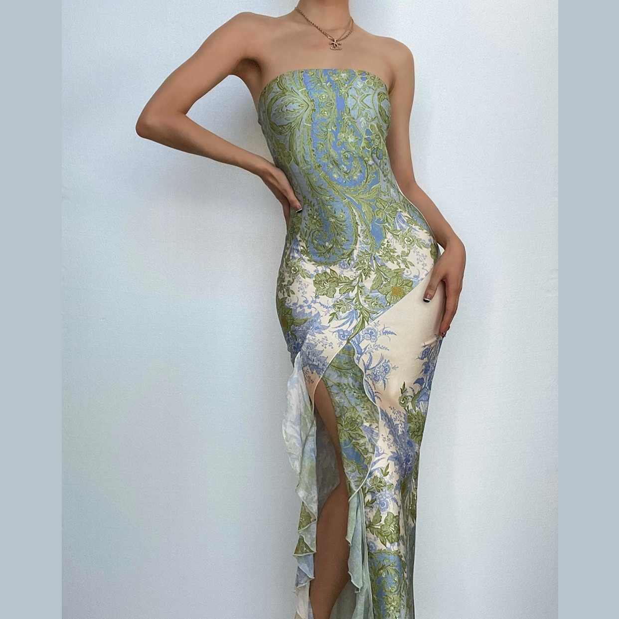 Flower print slit irregular contrast backless maxi dress – Halibuy