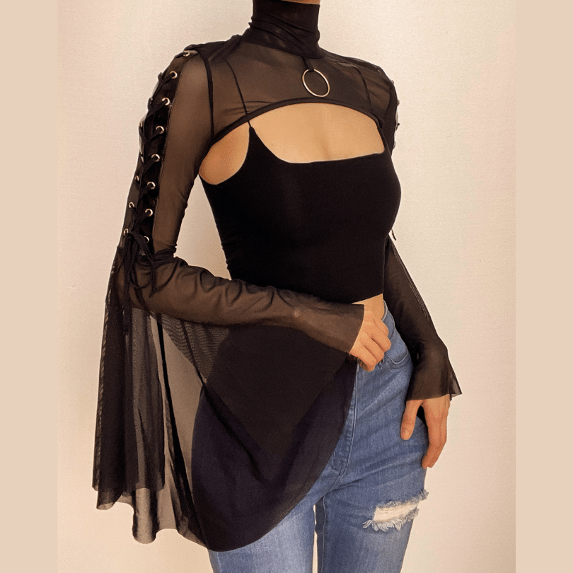 Flared sleeve o ring sheer mesh lace up shrug high neck top – Halibuy
