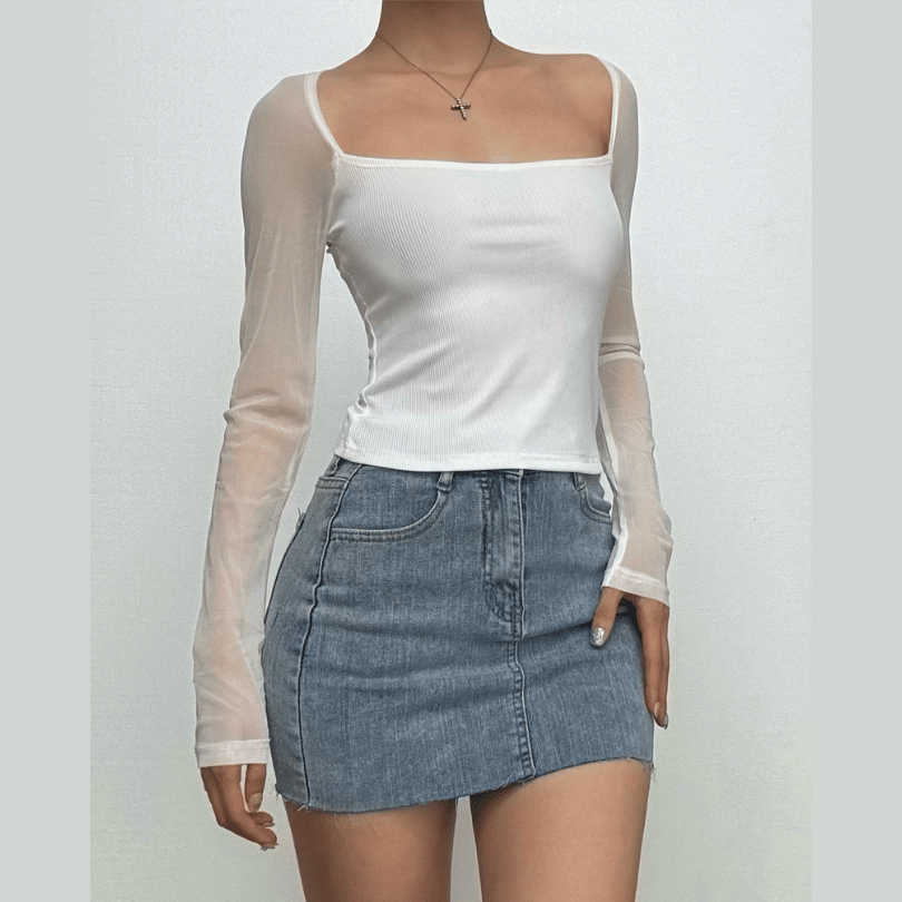 Long sleeve square neck ribbed patchwork top – Halibuy