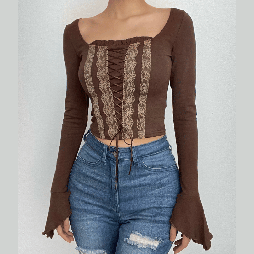 Lace up long flared sleeve ruched lace hem ruffle crop top – Halibuy