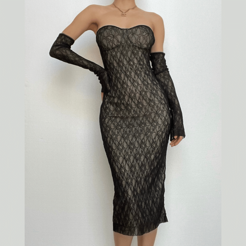 Lace gloves sweetheart neck backless tube midi dress – Halibuy
