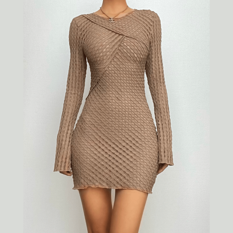 Crewneck long sleeve textured stitch ruffle solid mini dress – Halibuy