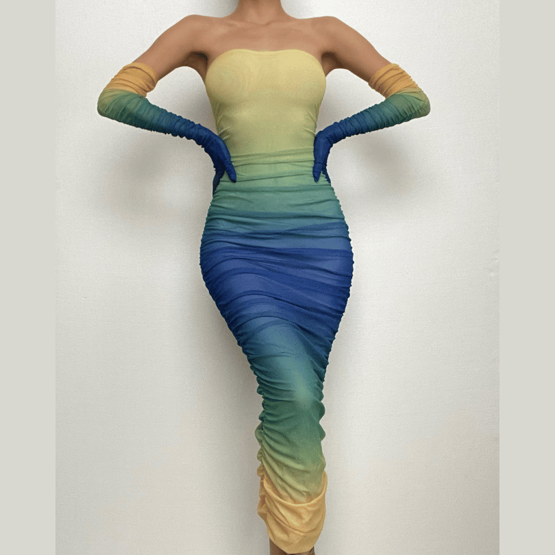 Sheer mesh see through gradient gloves ruched tube maxi dress-final-sa ...