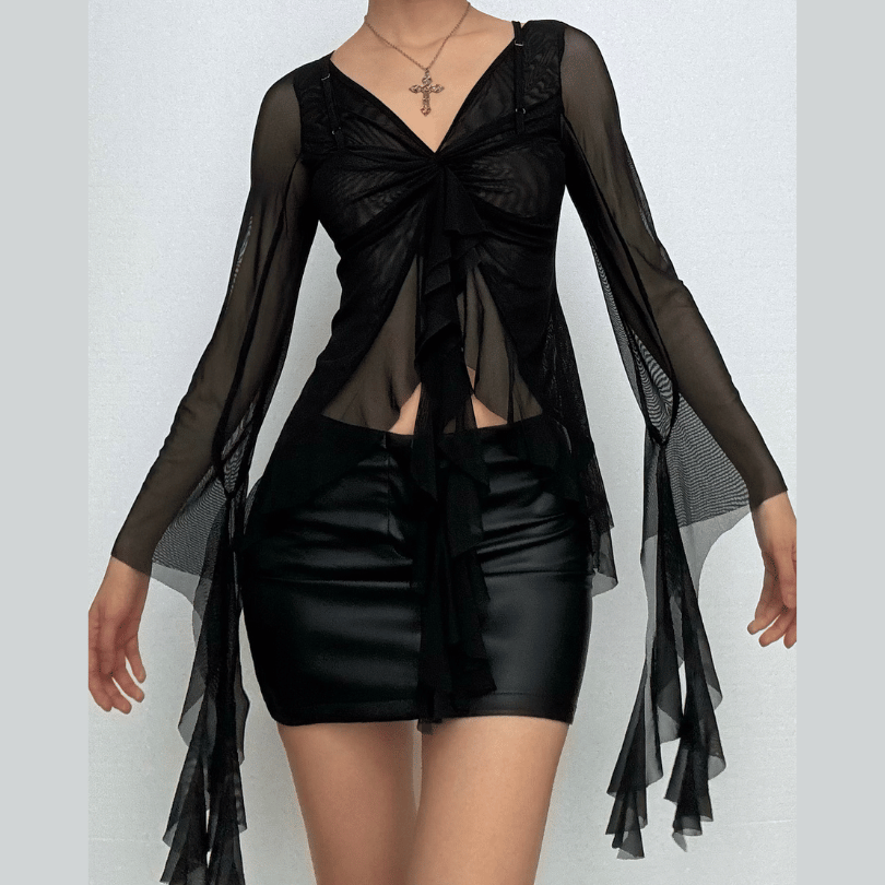 Long sleeve ruched v neck sheer mesh ruffle top – Halibuy