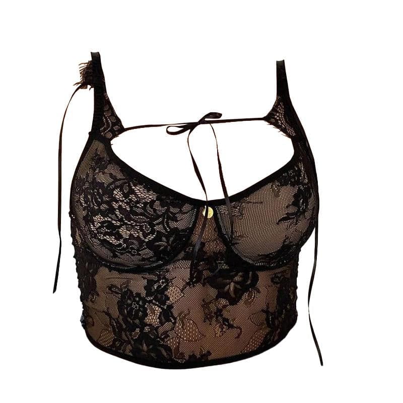 V neck lace see through ribbon cami top – Halibuy