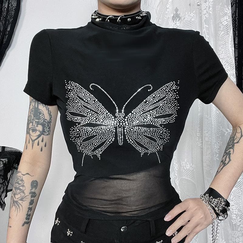 Short sleeve high neck butterfly beaded top – Halibuy