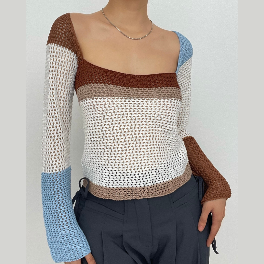 Low cut contrast crochet knit long sleeve square neck top – Halibuy
