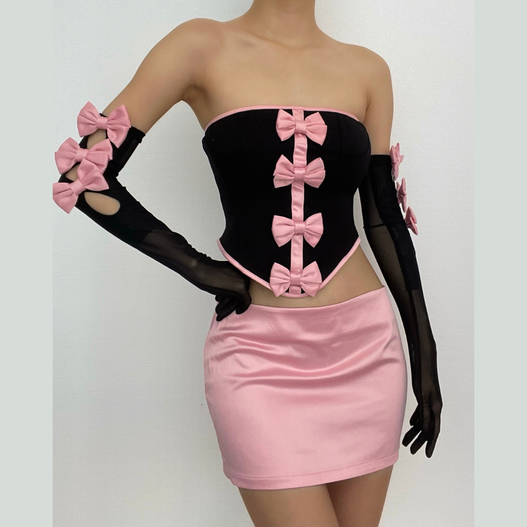 Mesh contrast bowknot gloves lace up tube backless mini skirt set – Halibuy