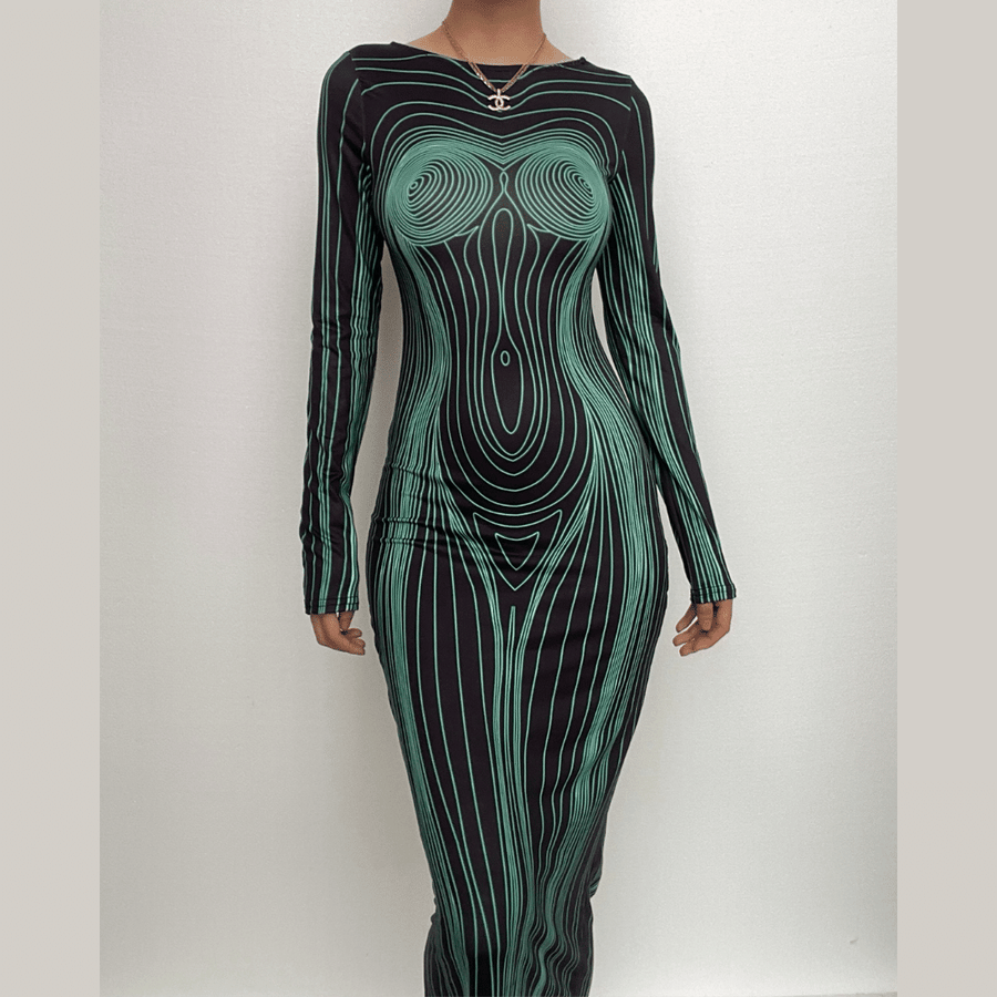 Long sleeve round neck contrast abstract body print maxi dress – Halibuy