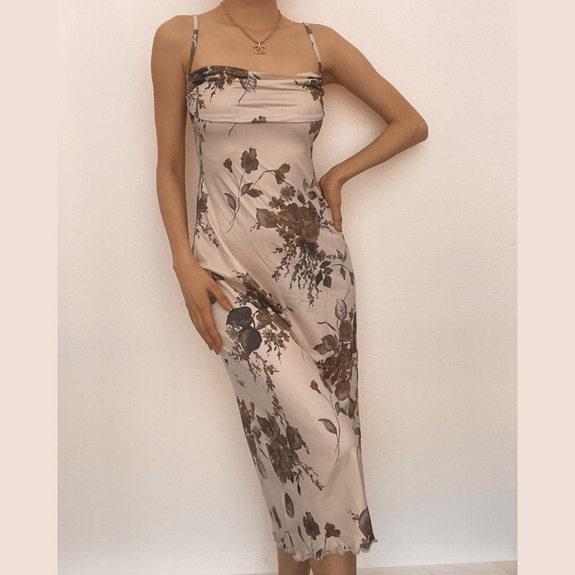 Sleeveless backless cowl neck flower pattern cami dress – Halibuy