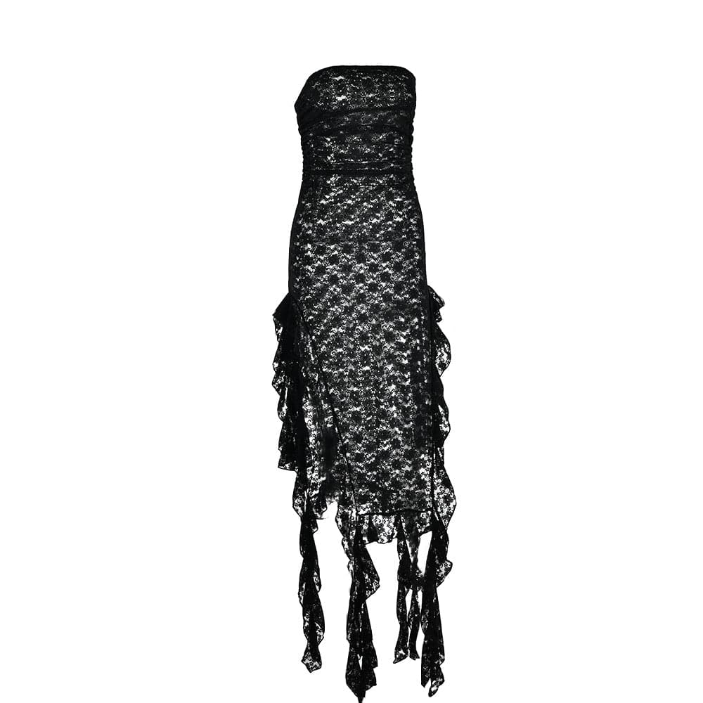 Lace ruffle solid high slit see through tube midi dress – Halibuy