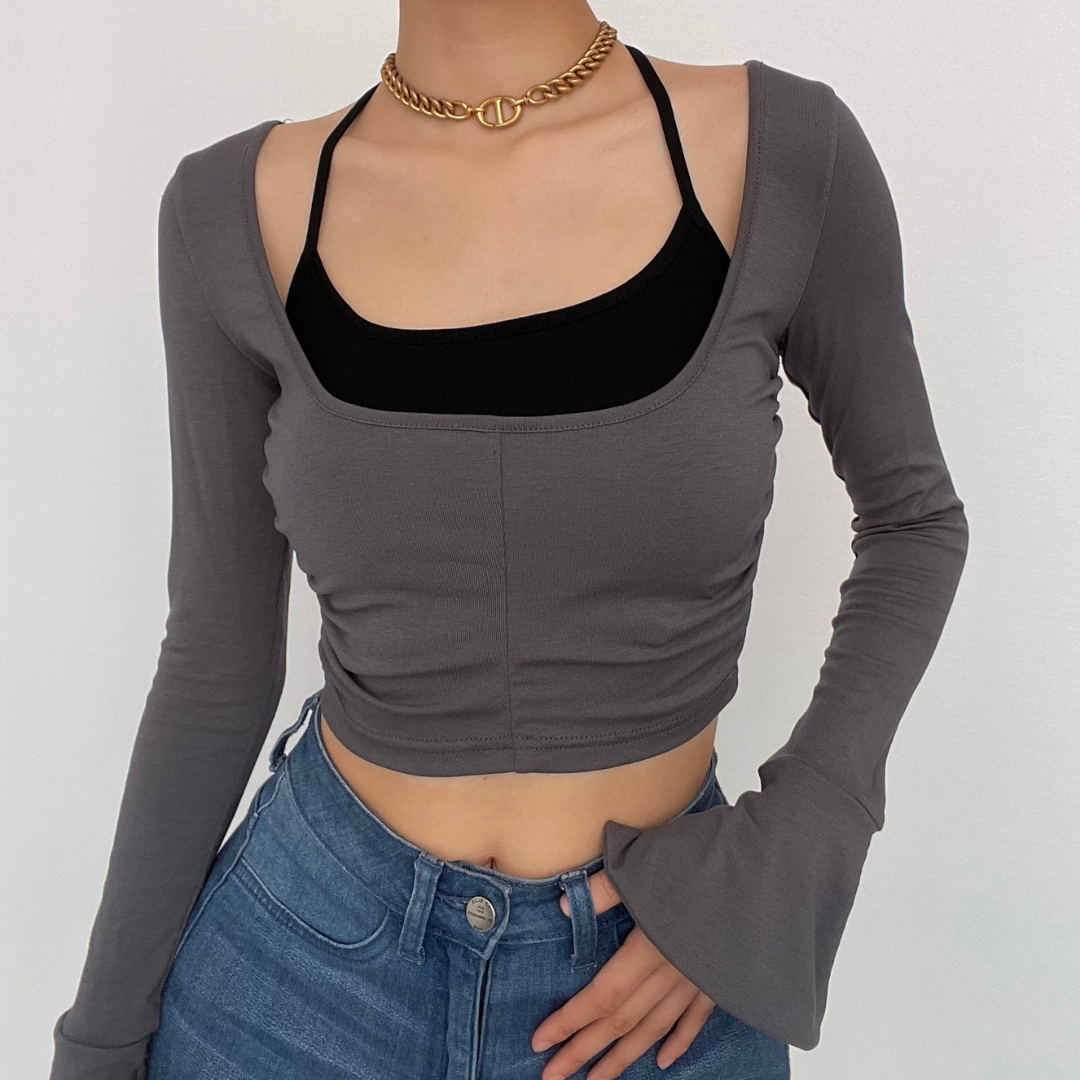Slit flared sleeve halter ruched 2 piece crop top – Halibuy