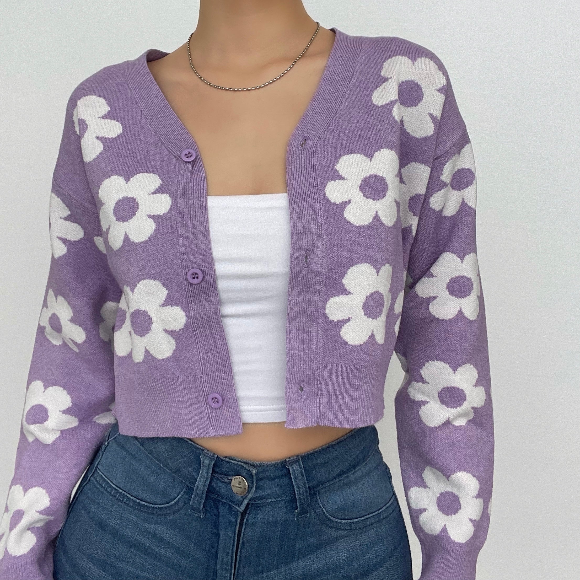 V neck flower pattern button knitted contrast long sleeve cardigan top ...