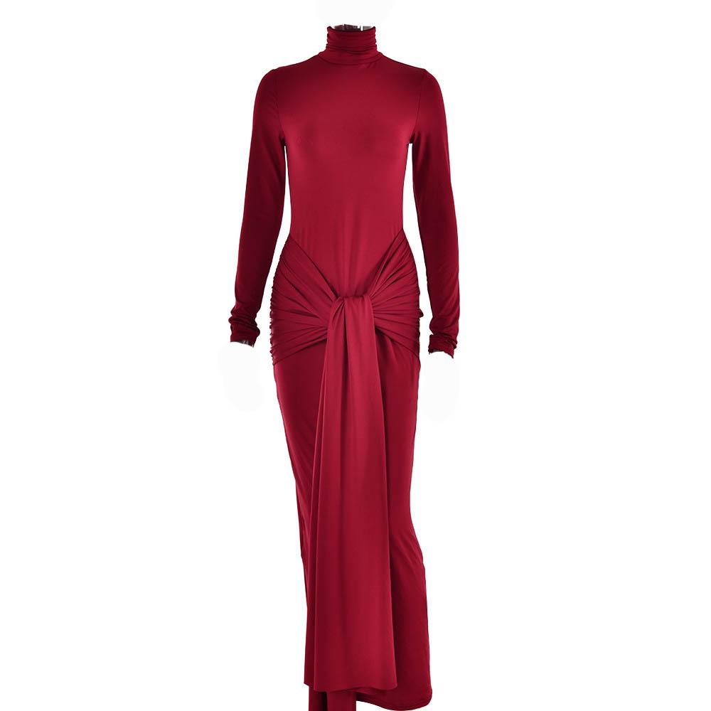 Ruched solid long sleeve turtle neck self tie maxi dress – Halibuy