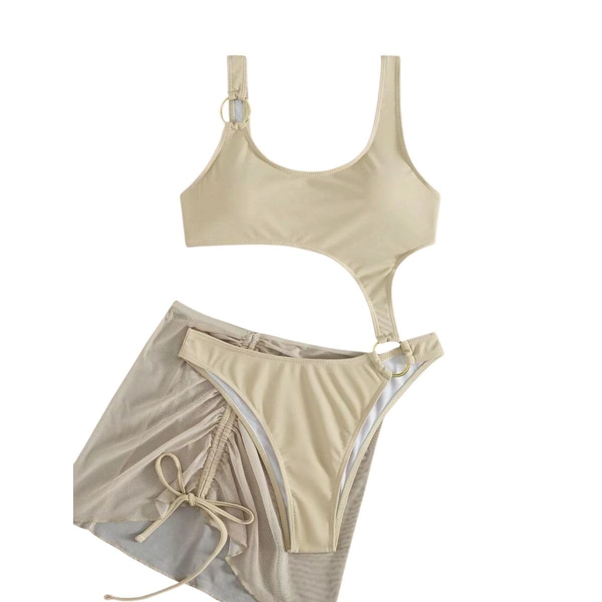 Drawstring solid mesh u neck o ring 3 piece swimwear – Halibuy
