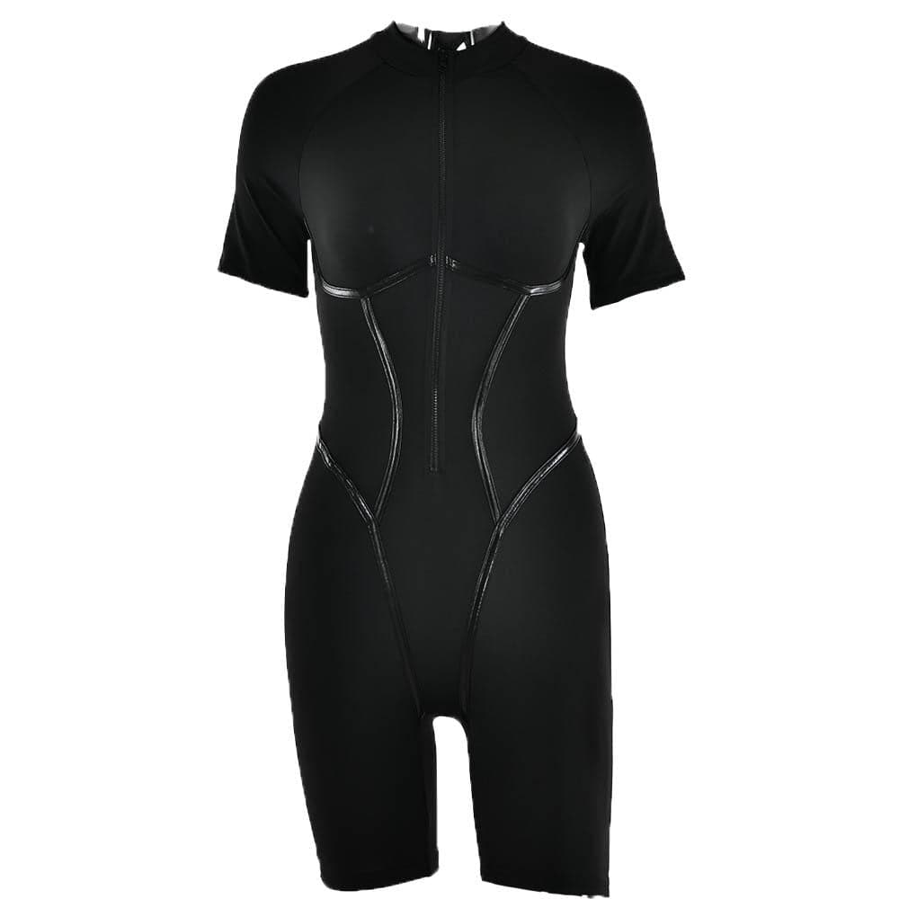 Short sleeve zip-up stitch high neck romper – Halibuy