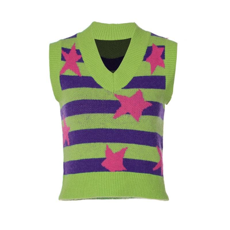 Cap sleeve contrast striped star pattern top – Halibuy