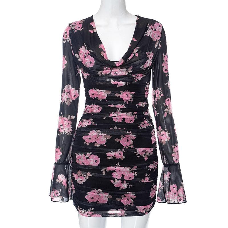 Long flared sleeve cowl neck ruffle flower print sheer mesh mini dress ...