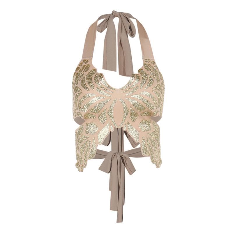 Butterfly pattern halter metallic self tie backless crop top – Halibuy