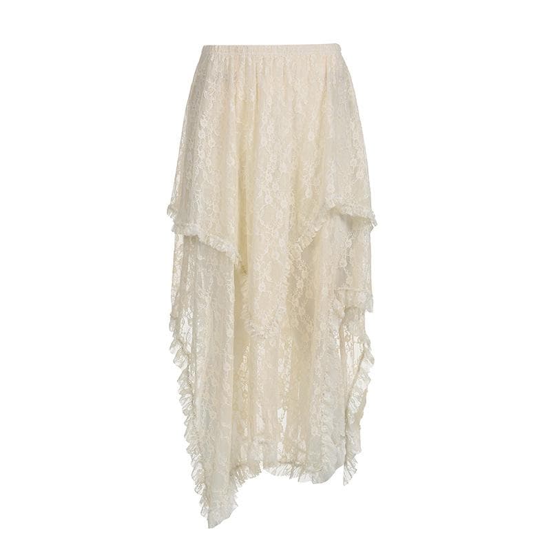 Irregular lace ruffle solid midi skirt – Halibuy